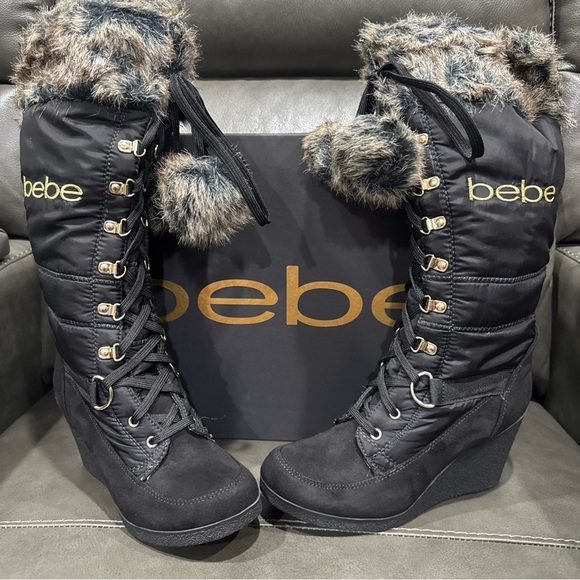 bebe | Shoes | Bebe Rennee Puffy Logo Faux Fur Boots Size 8 Womens Knee ...